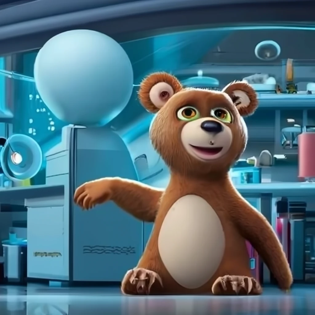 Pixar bear in a futuristic science lab