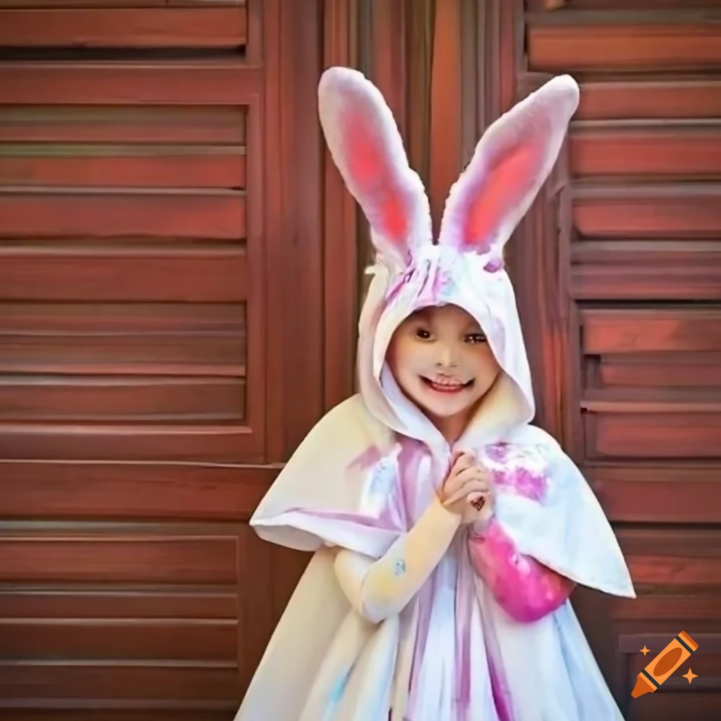 Colorful painted cloak worn by a joyful little girl on Craiyon