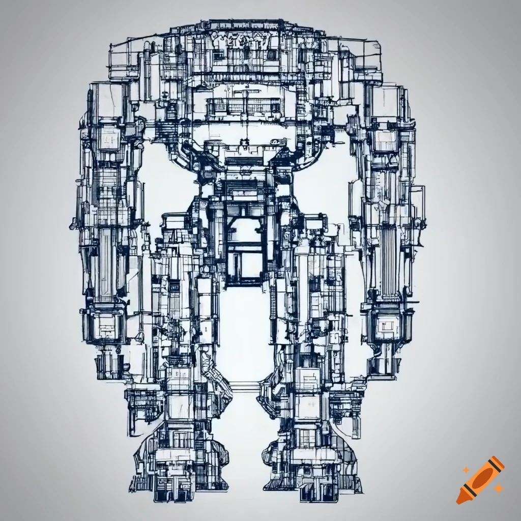 Detailed blueprint of a light mech on Craiyon