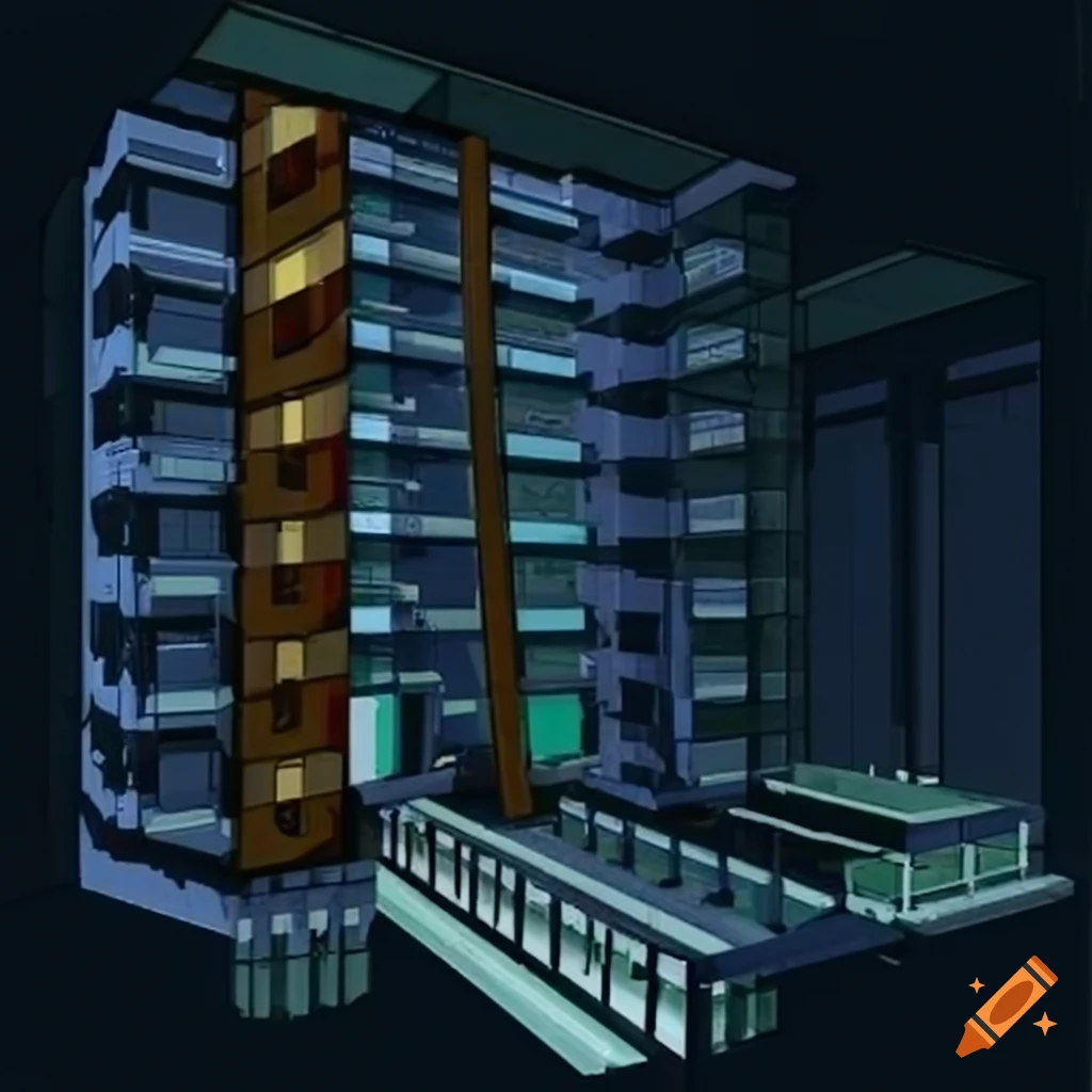 Sleek and modern 5-story building with central elevator on Craiyon