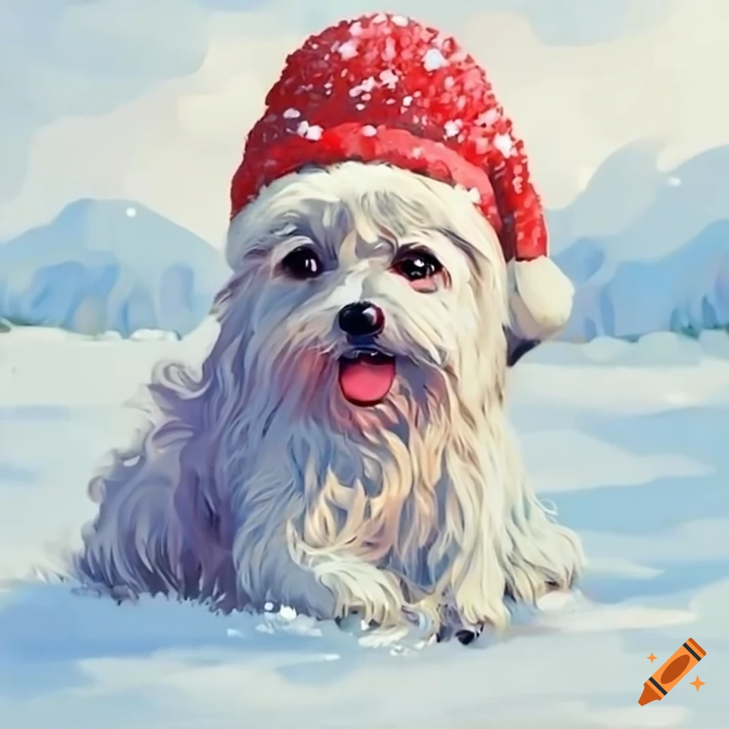 Adorable white bolognese dog rolling on snow