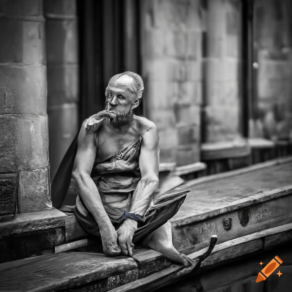 Black and white image of a smirking man in medieval venice