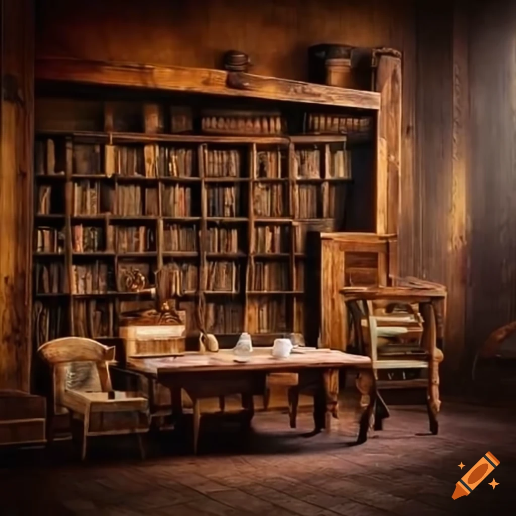 Rustic library with cozy seating and wooden tables on Craiyon