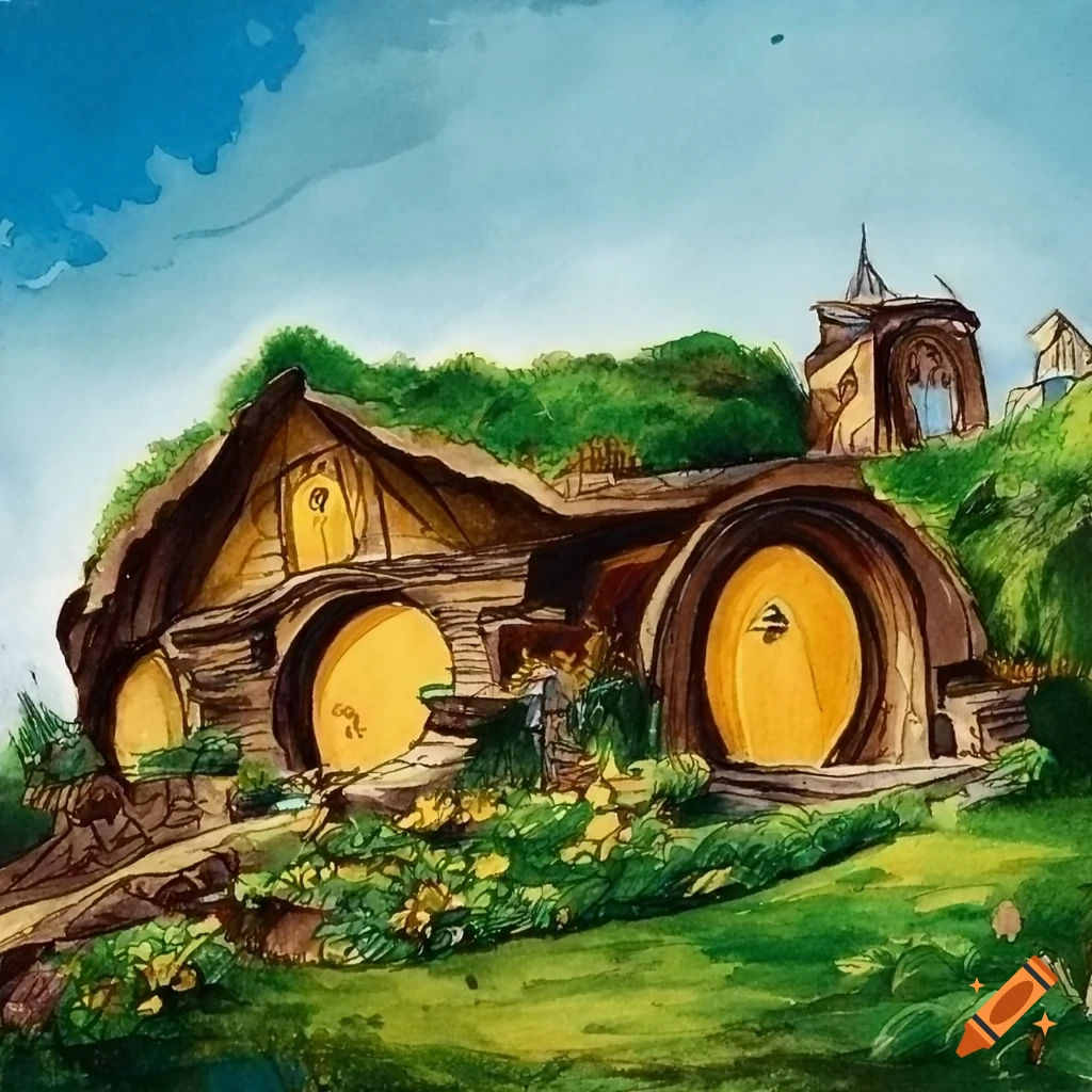 Watercolor of a hobbit house on a tropical beach on Craiyon