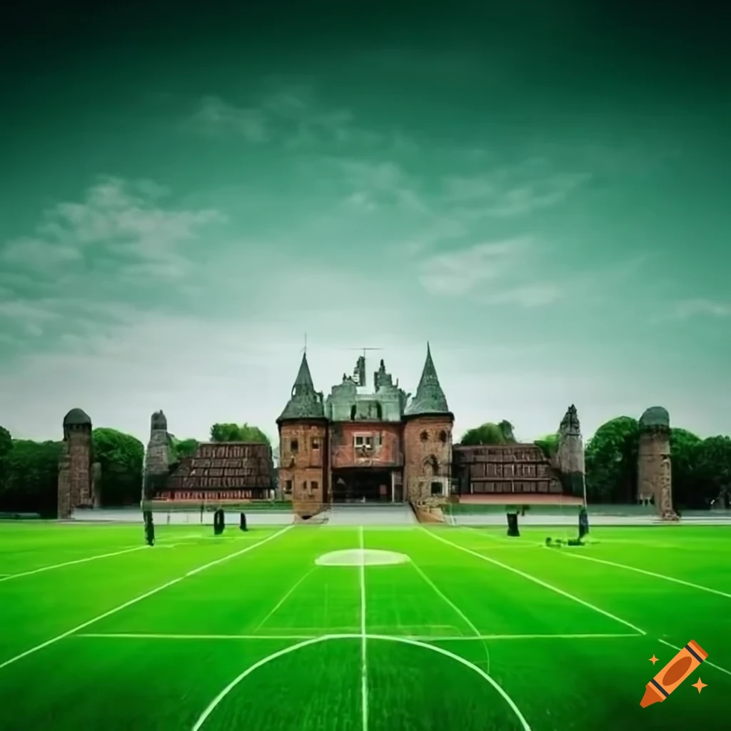 Panoramic view of a soccer stadium in castle style on Craiyon