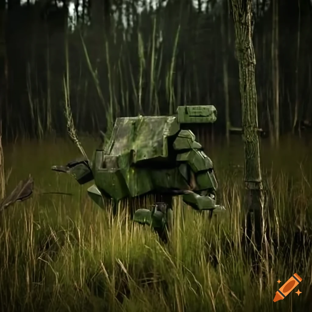 Light Armored Mech in camouflage scanning the swamp at night on Craiyon