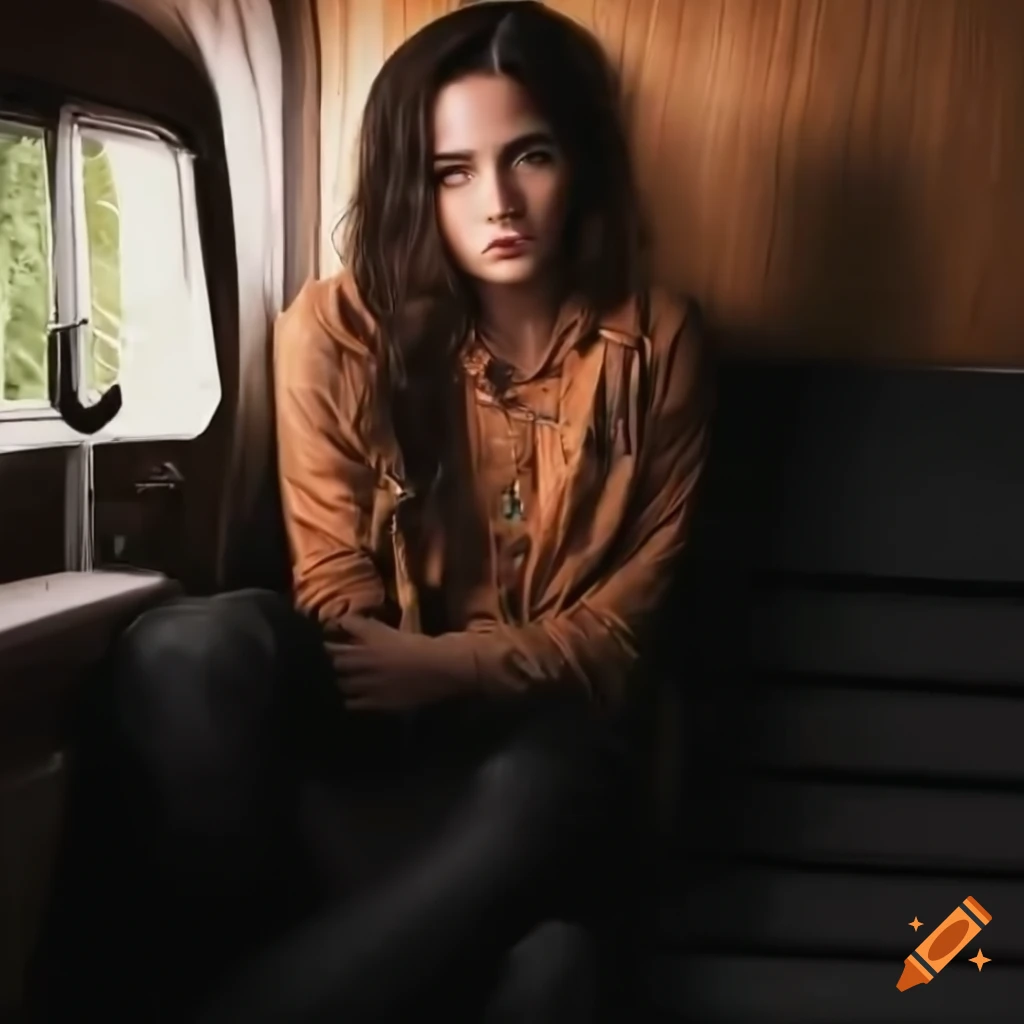 Portrait of a young actress with messy hair and orange plaid shirt on ...