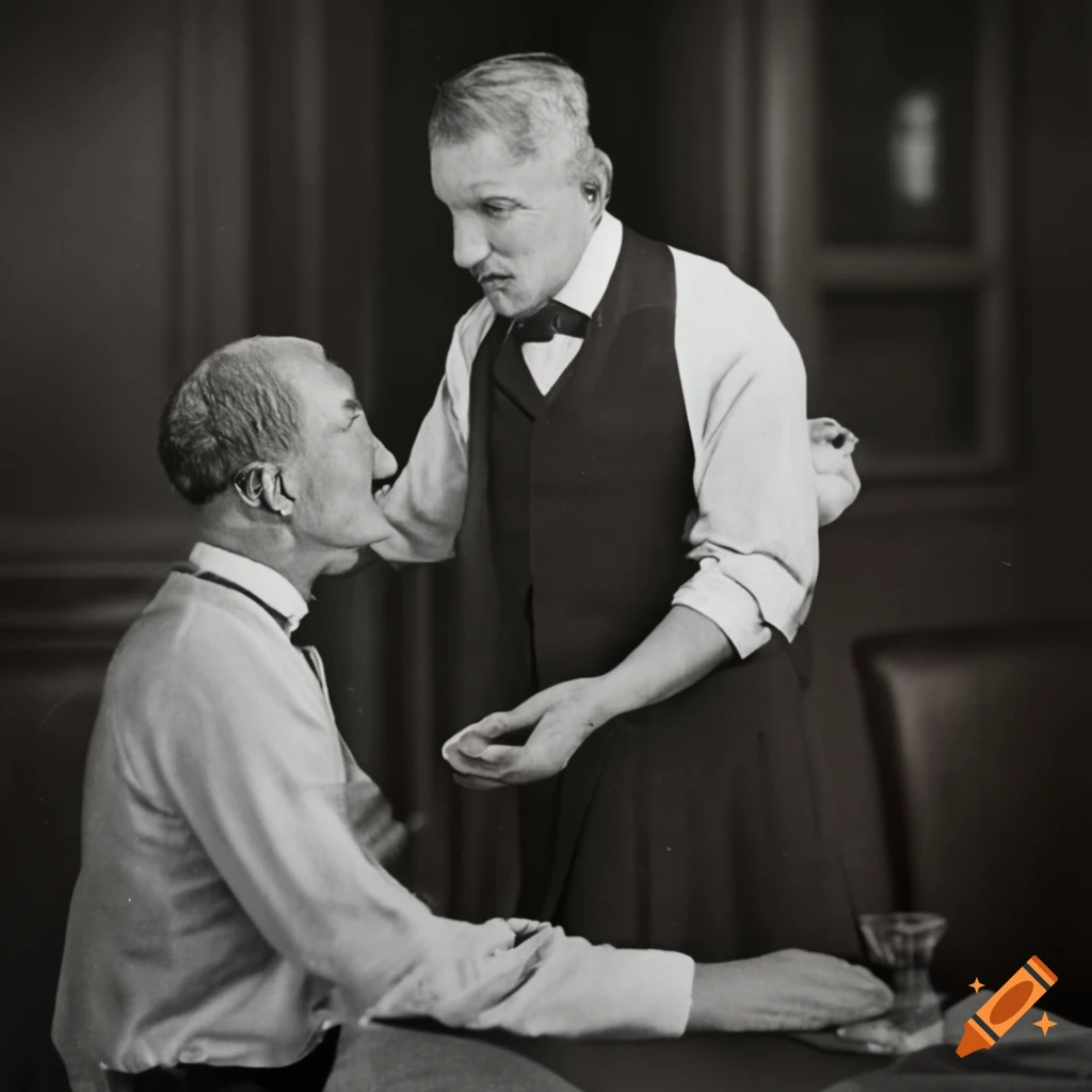 Photo of a young waiter talking to an older man in the 1930s on Craiyon