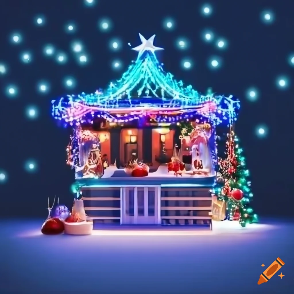 Festively decorated christmas kiosk with blue lights on Craiyon