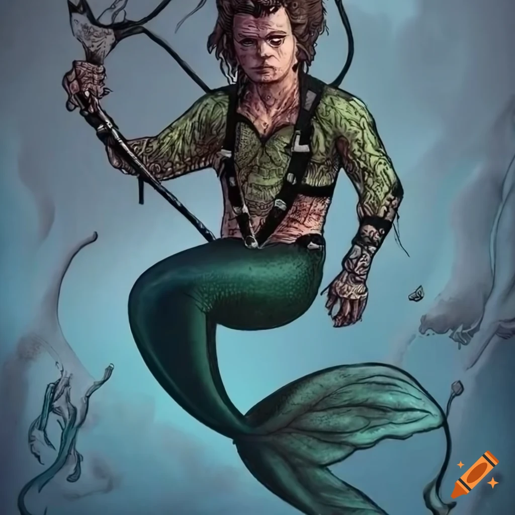 Engraving of a merman character in a leather harness on Craiyon