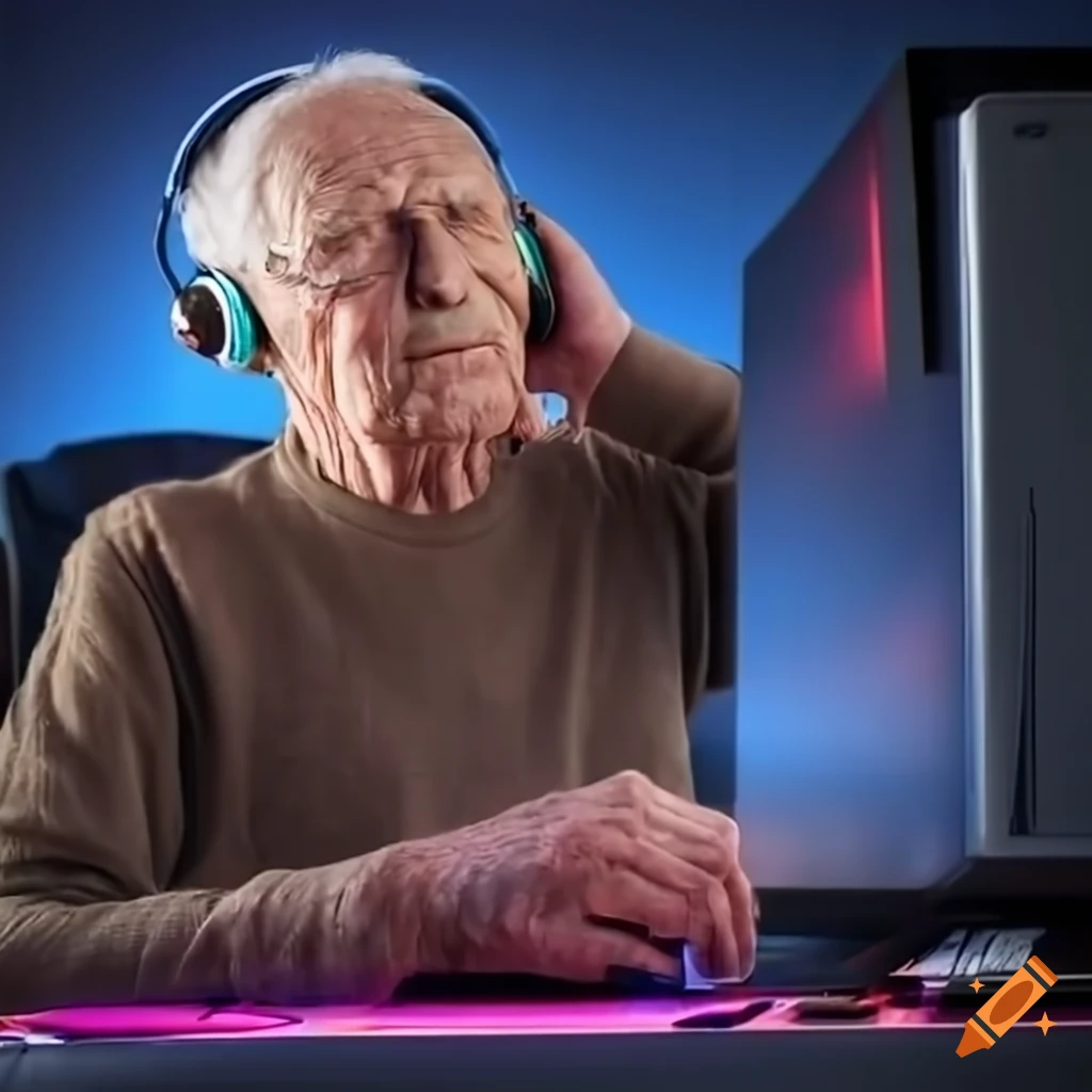 Elderly man playing arcade games in a retro environment with neon ...