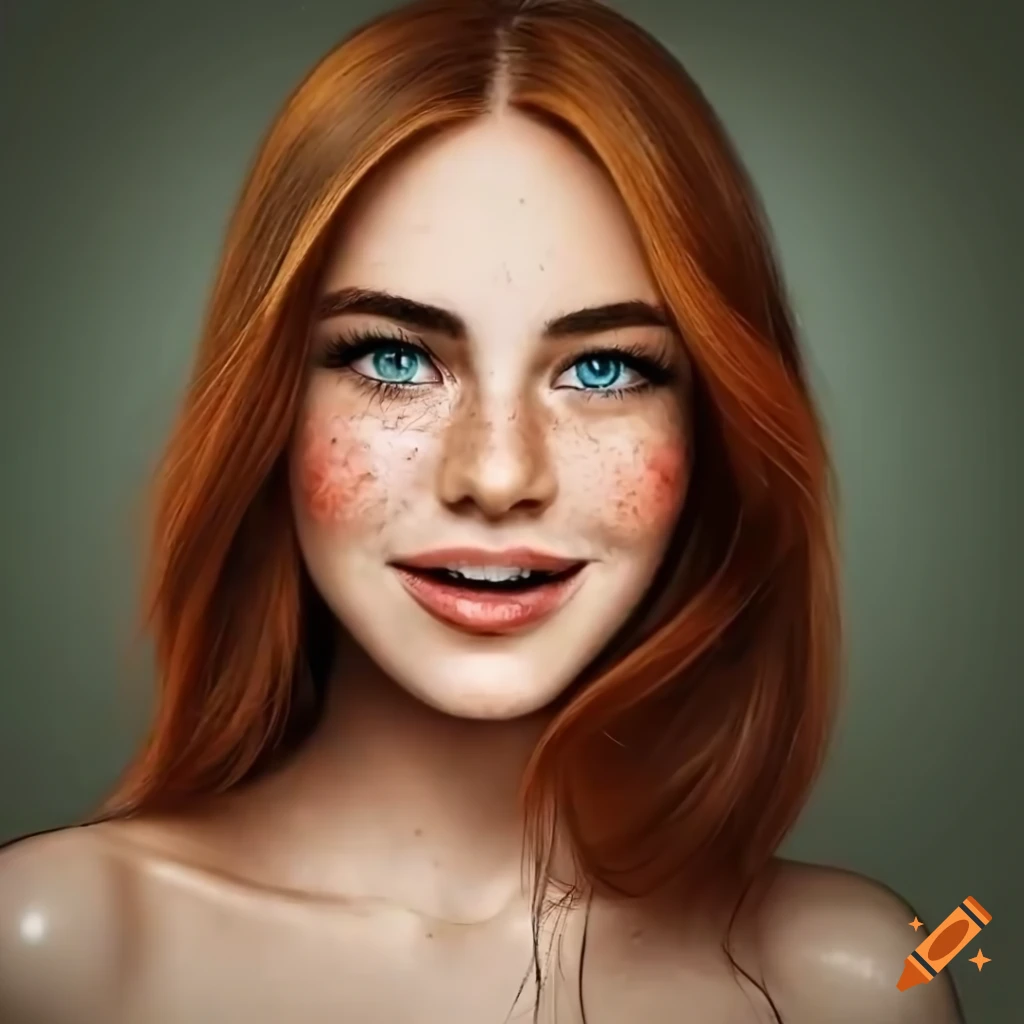 Portrait of a smiling young woman with red hair and freckles on Craiyon