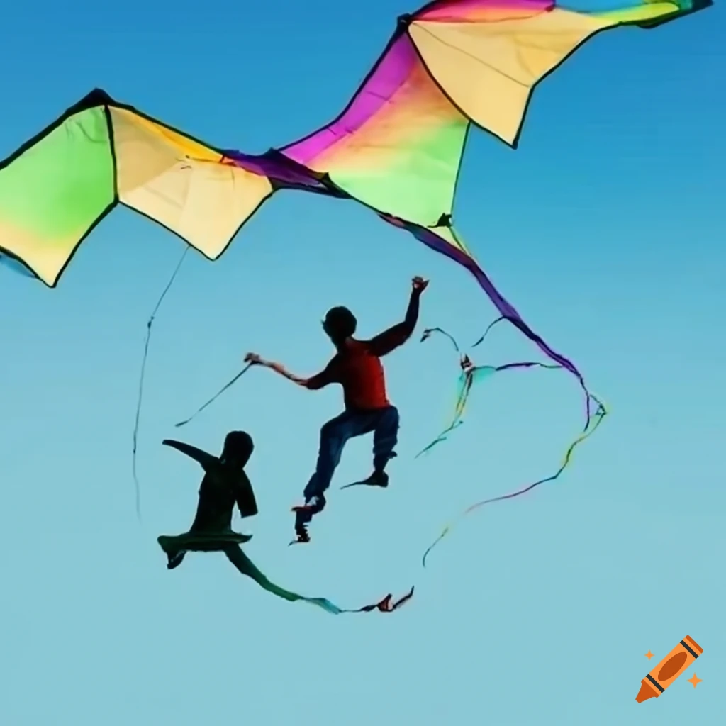 Two men flying a kite in the sky on Craiyon