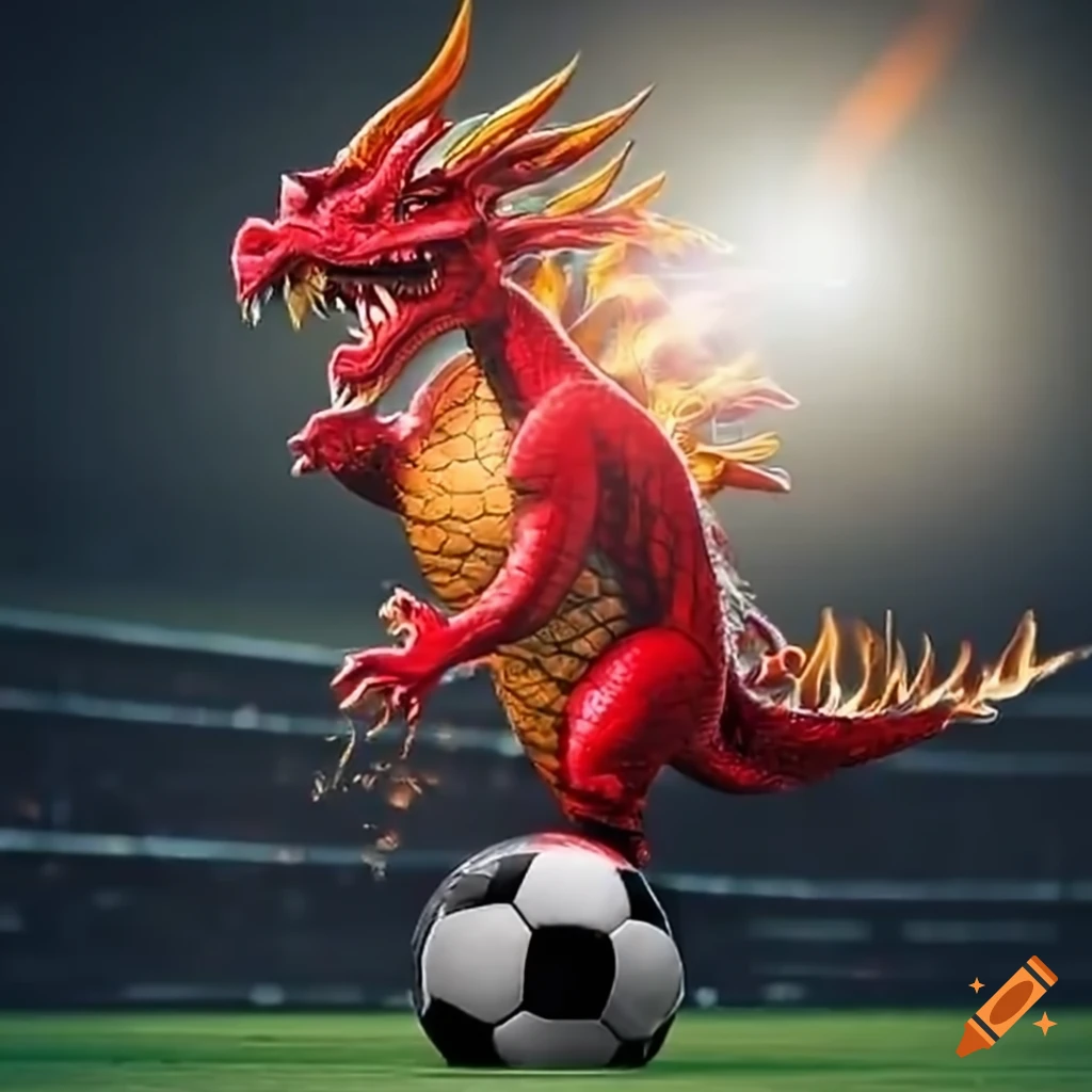Red dragon playing soccer with a fiery ball on Craiyon