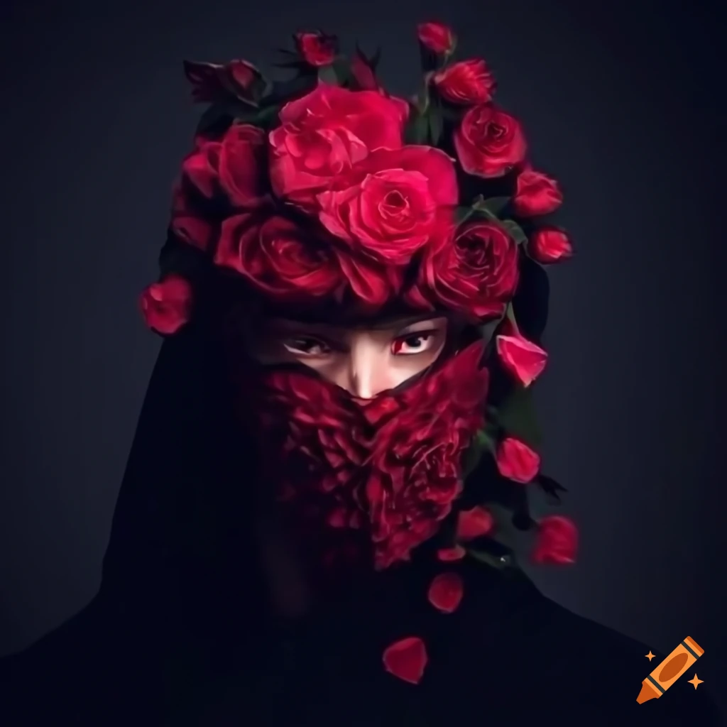Artistic representation of a masked hero with red roses