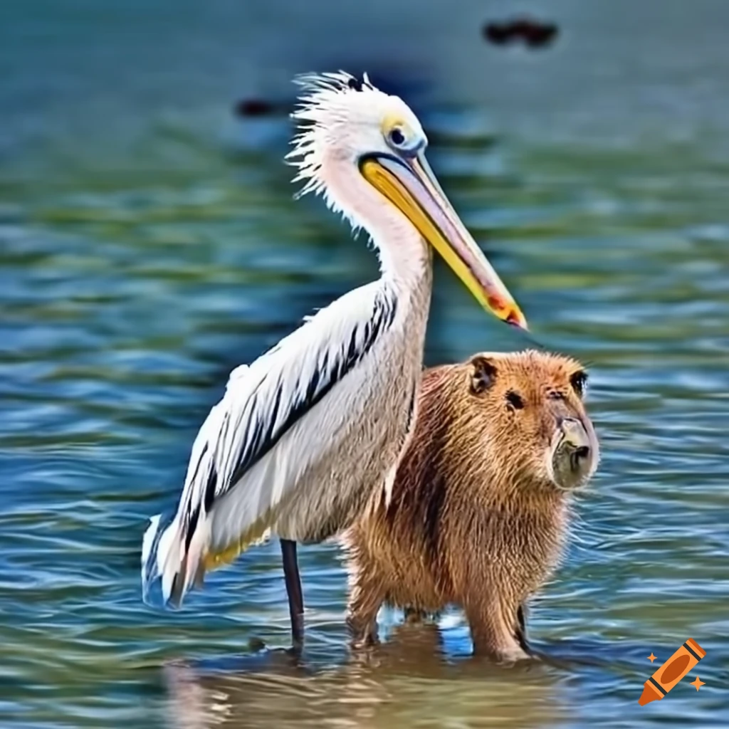 Pelican carrying a capybara on Craiyon