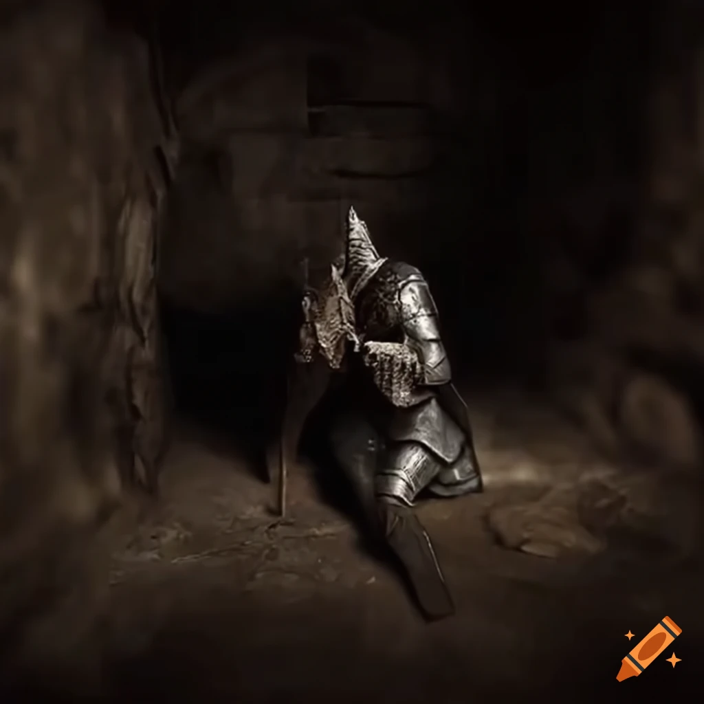 Image of a knight facing obstacles in a dark dungeon on Craiyon