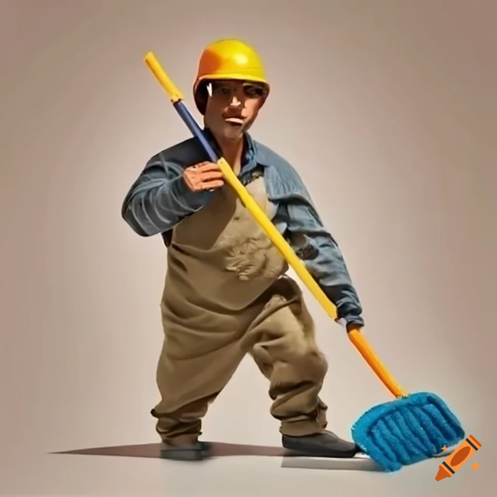 Building caretaker with keys, pool scooper, and mop on Craiyon