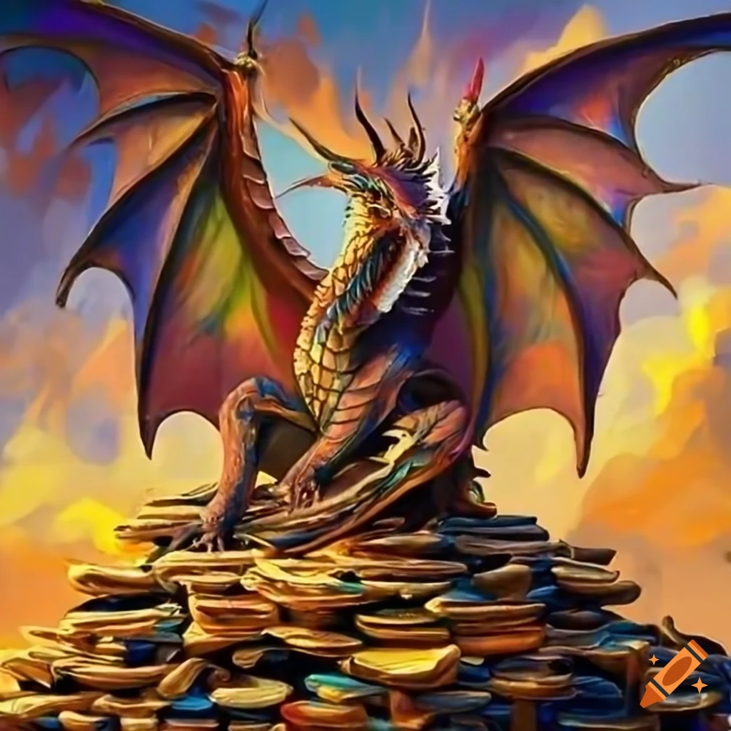 Mythical dragon on a mountain of gold on Craiyon