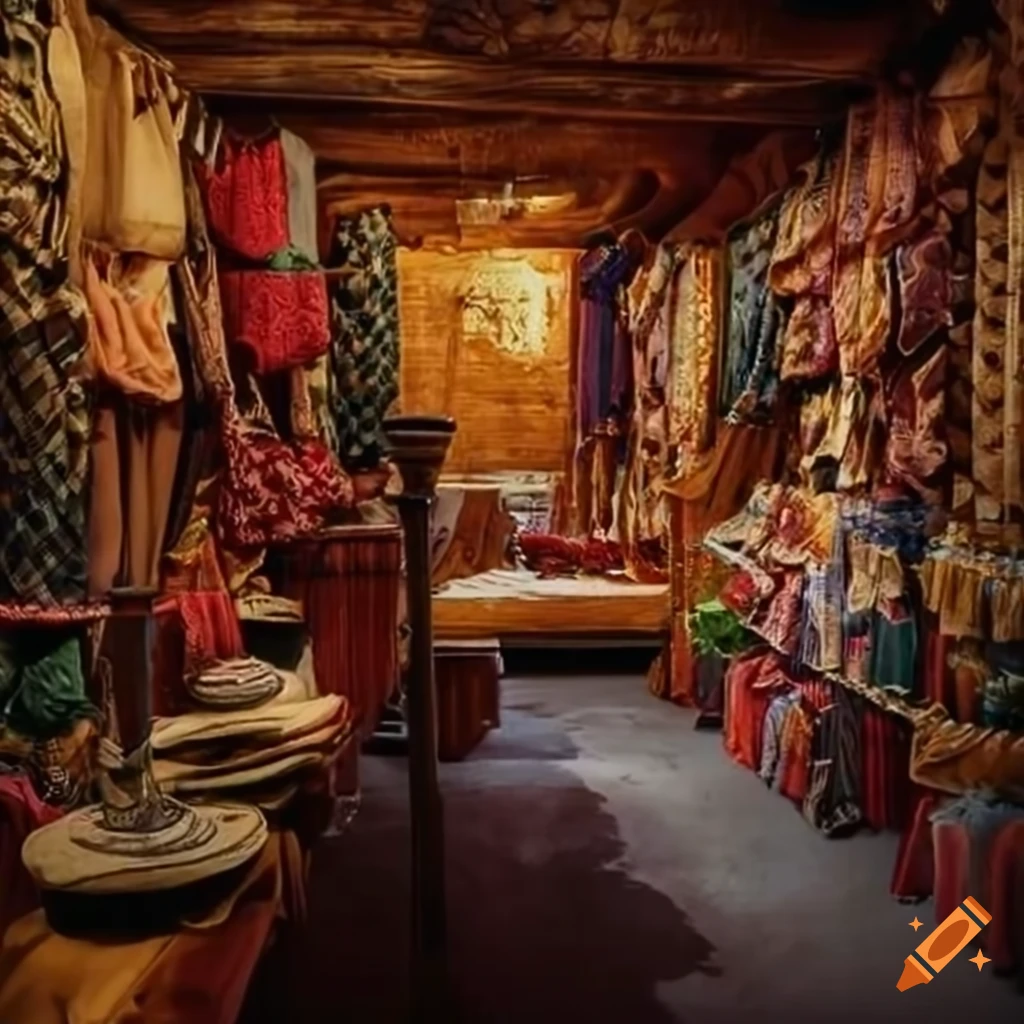 Colorful fabrics in a medieval store on Craiyon