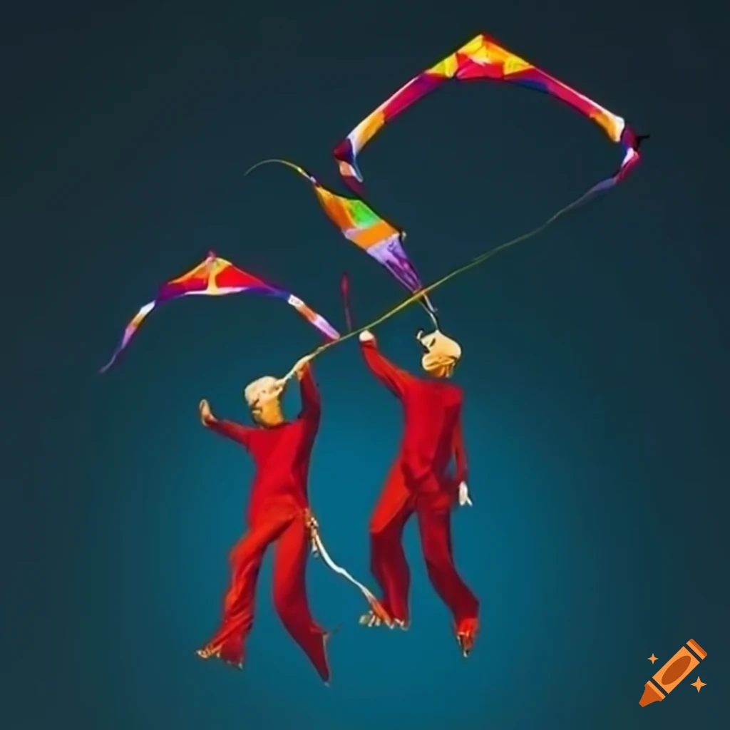 Two men flying a kite in the sky