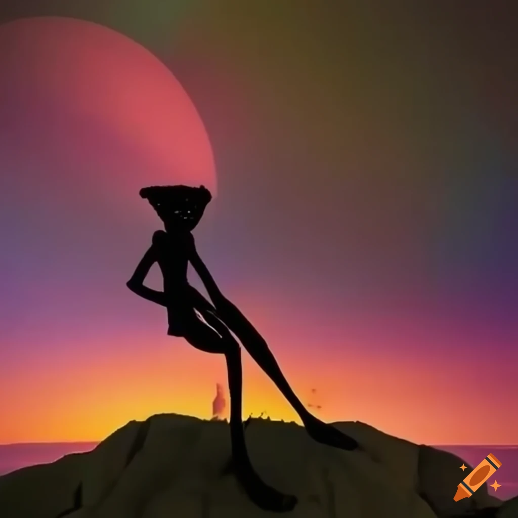 Sunset scene with an alien on a cliff