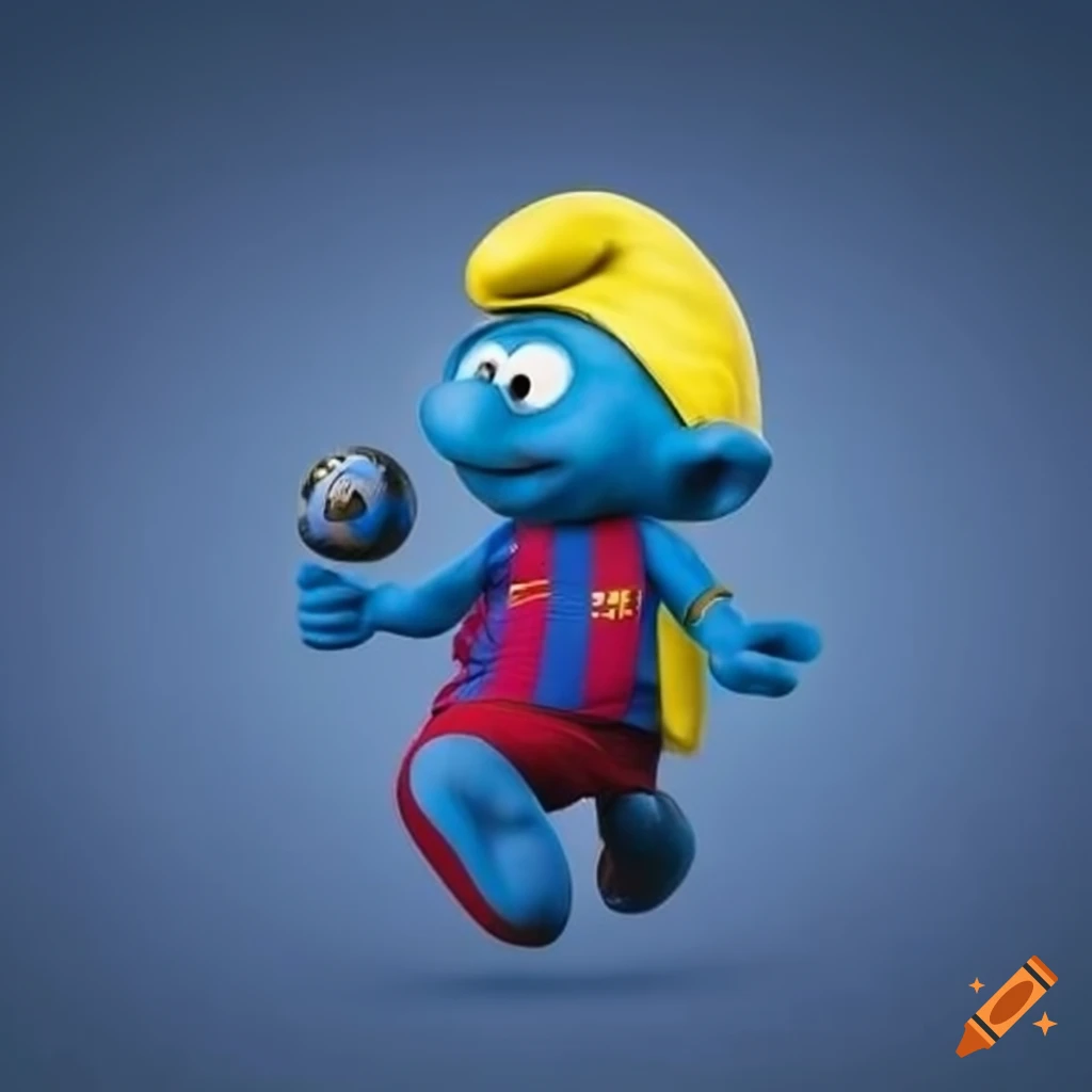Smurf playing soccer in a barcelona jersey