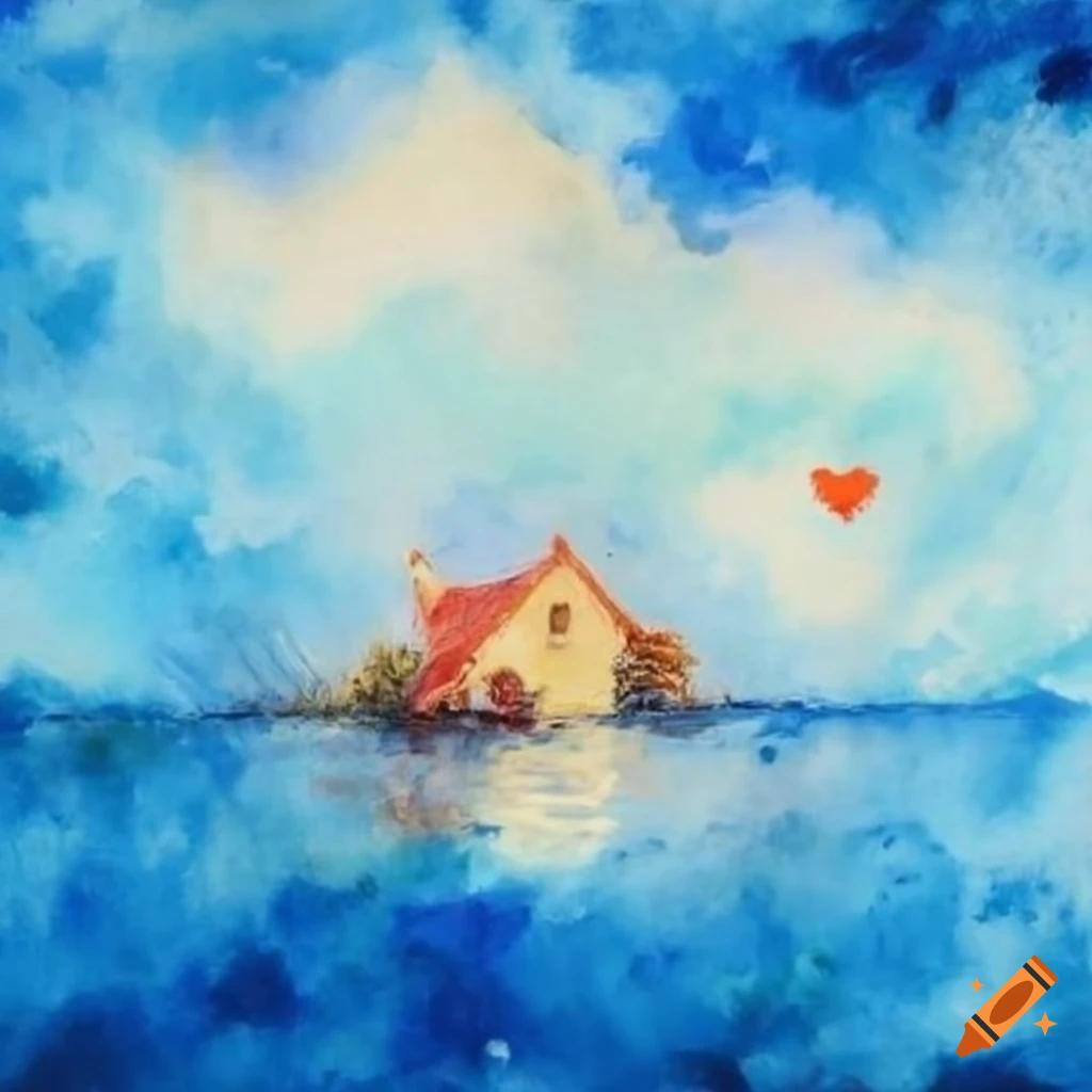 Artwork of a heart-shaped cottage in the sky