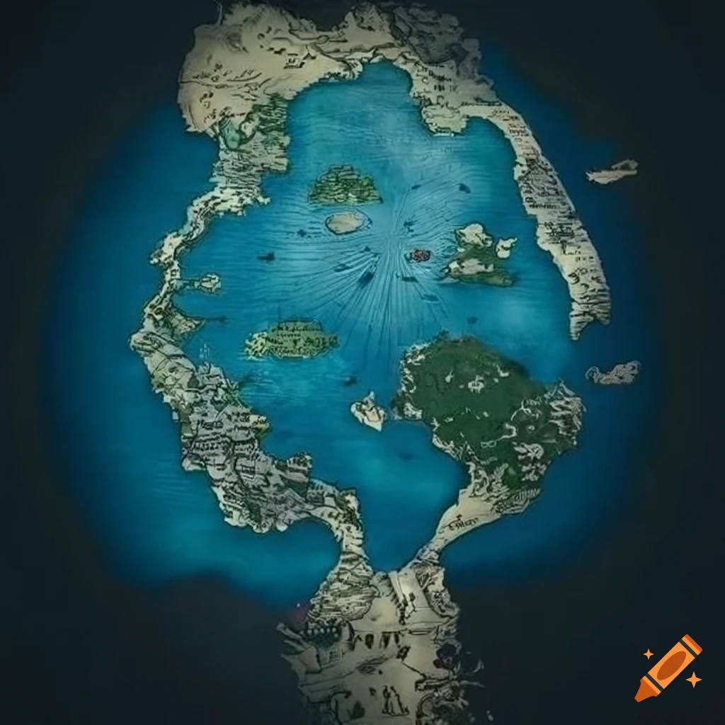 Intricate map of a mythical world with scattered islands on Craiyon