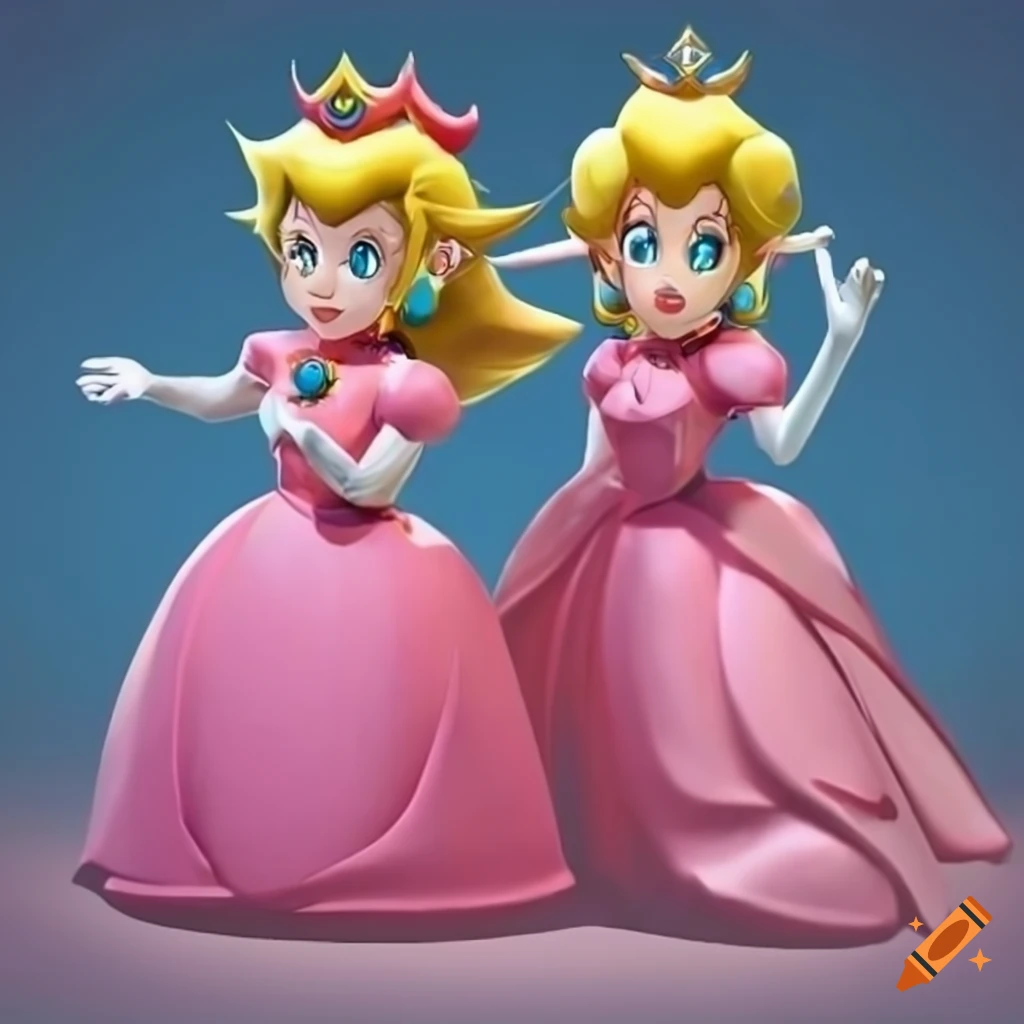 Princess peach and link posing in pink ballgowns