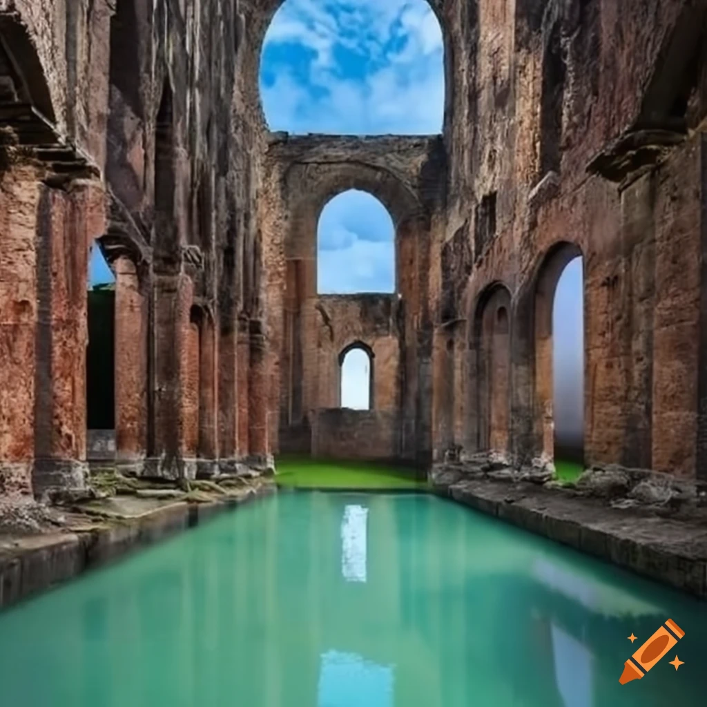Monastery ruins with modern architectural intervention on Craiyon