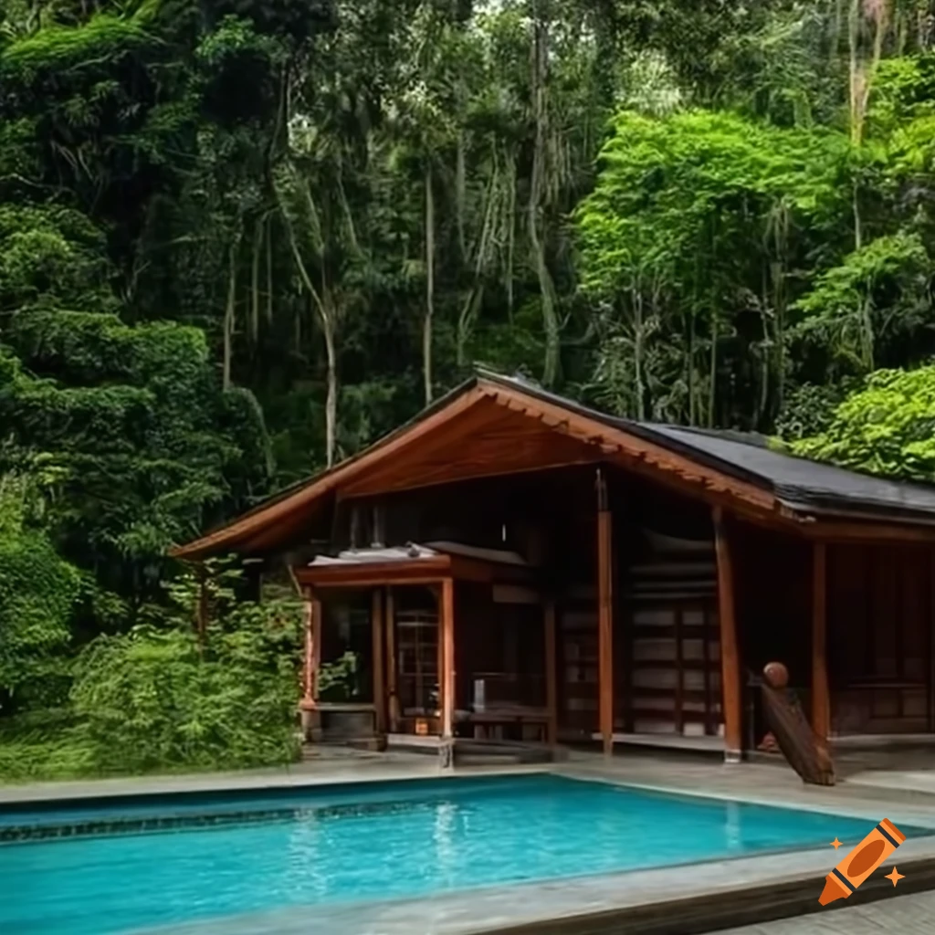 Luxury futuristic wooden cabin with pool and veranda
