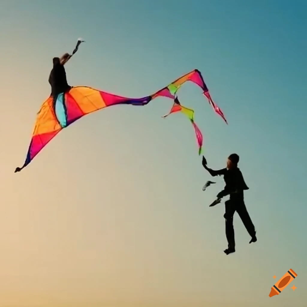 Two men flying a kite in the sky on Craiyon