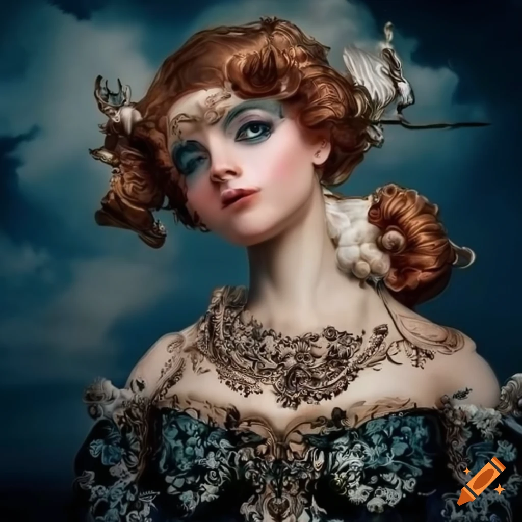 Surrealistic baroque rococo style artwork in the clouds on Craiyon