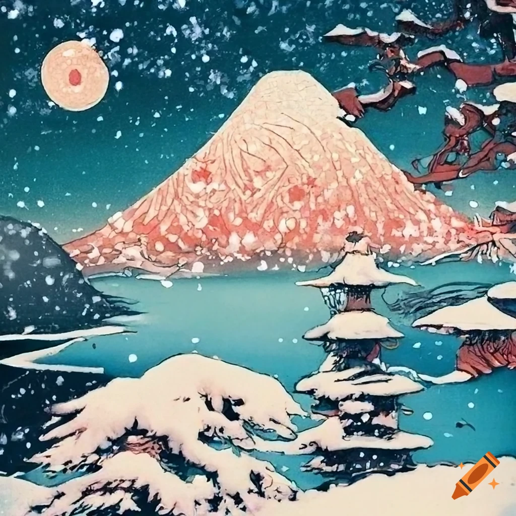 Ukiyo-e style artwork with snow on Craiyon