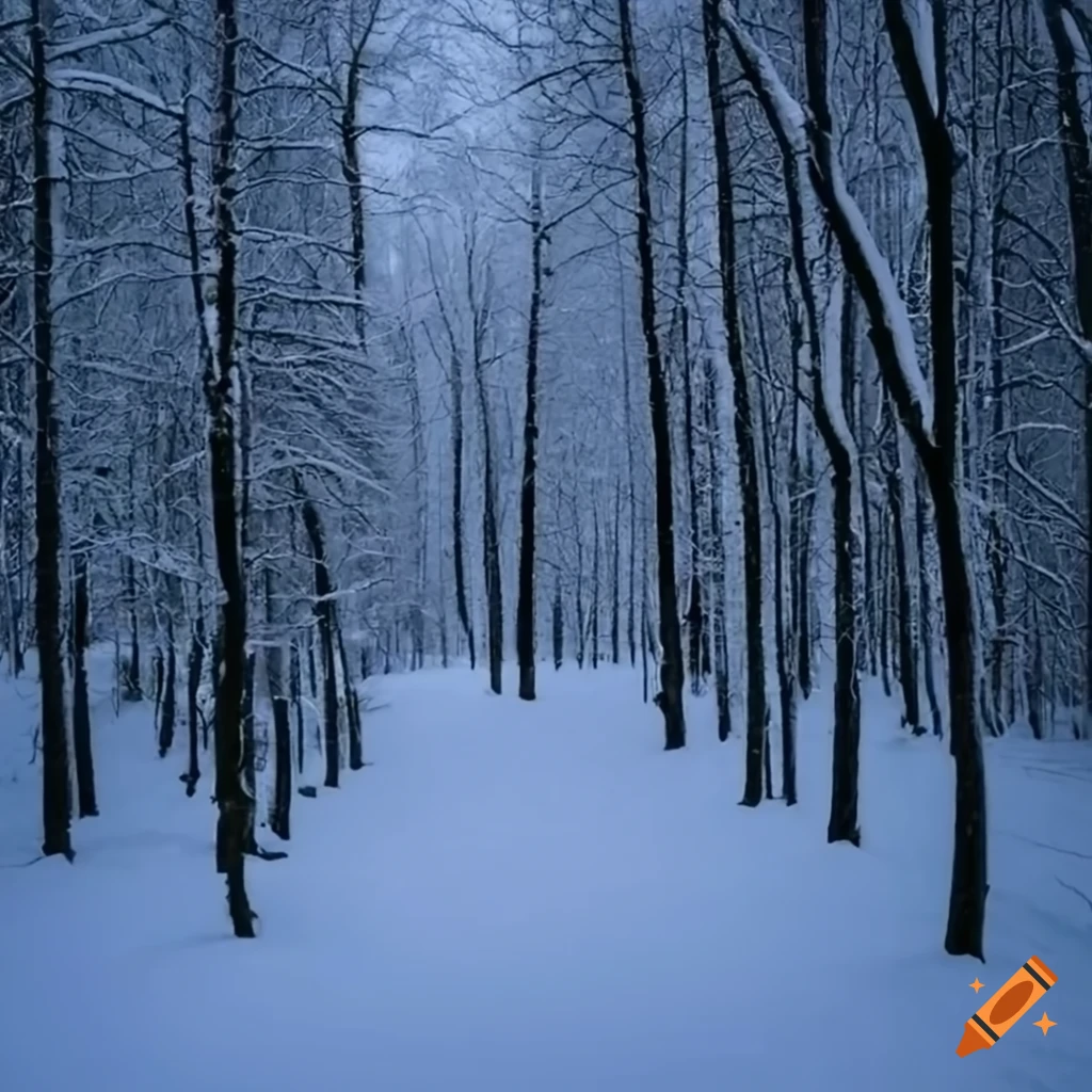 Snowy landscape with tall trees on Craiyon