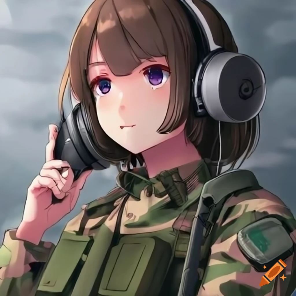 Anime girl using headphones for military communication