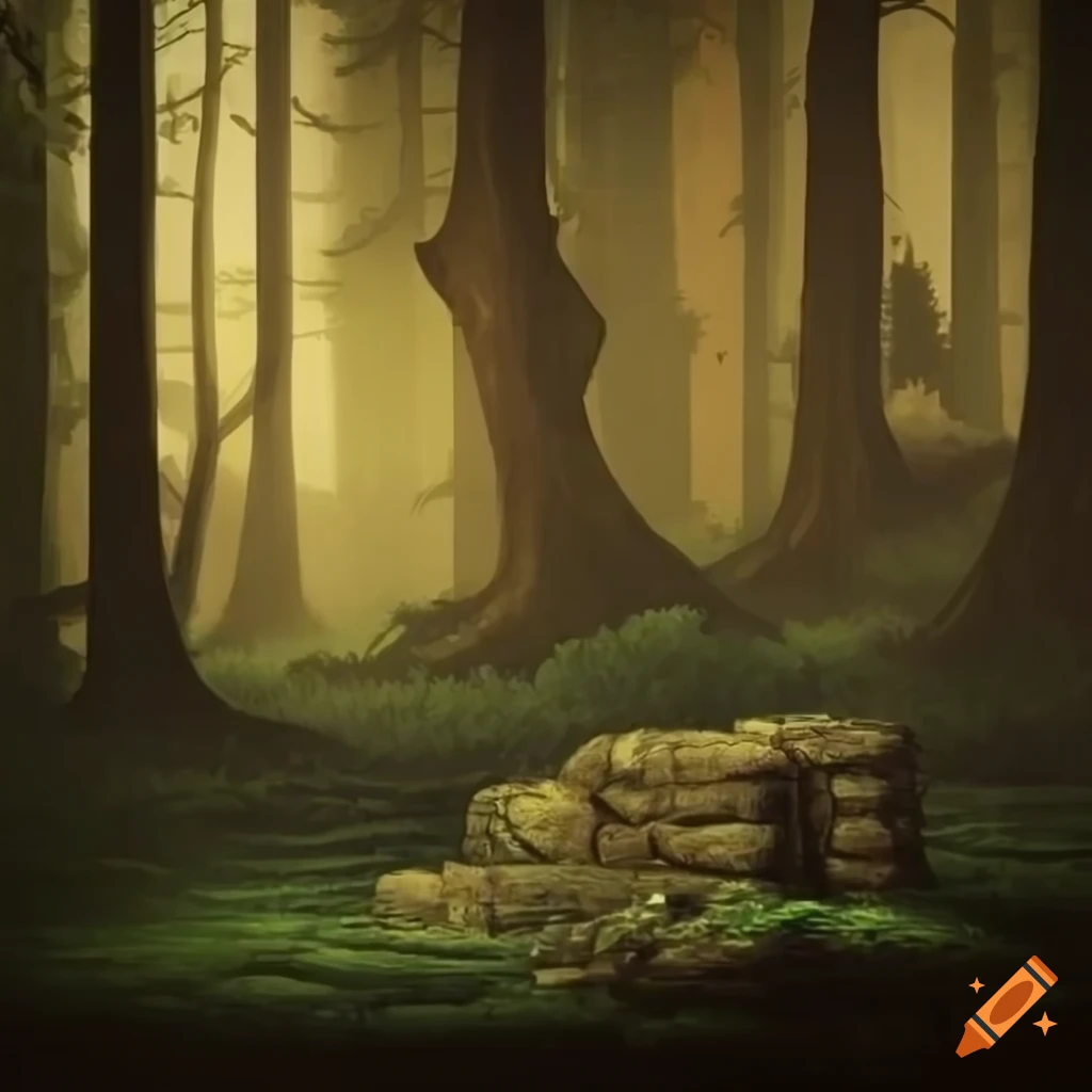 Vintage video game foggy forest with cobblestone path under pink sky on ...