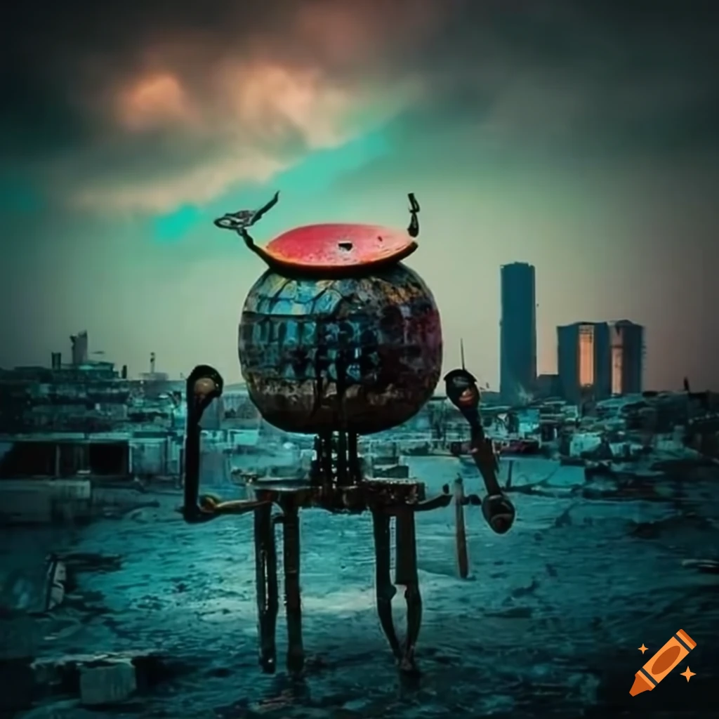 Cyberpunk style flying robot above ruined city