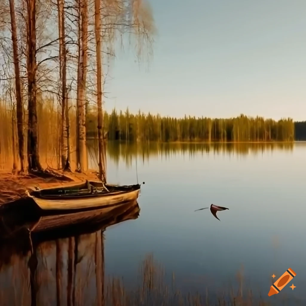 Serene finnish lake with birch trees and a fishing boat on Craiyon