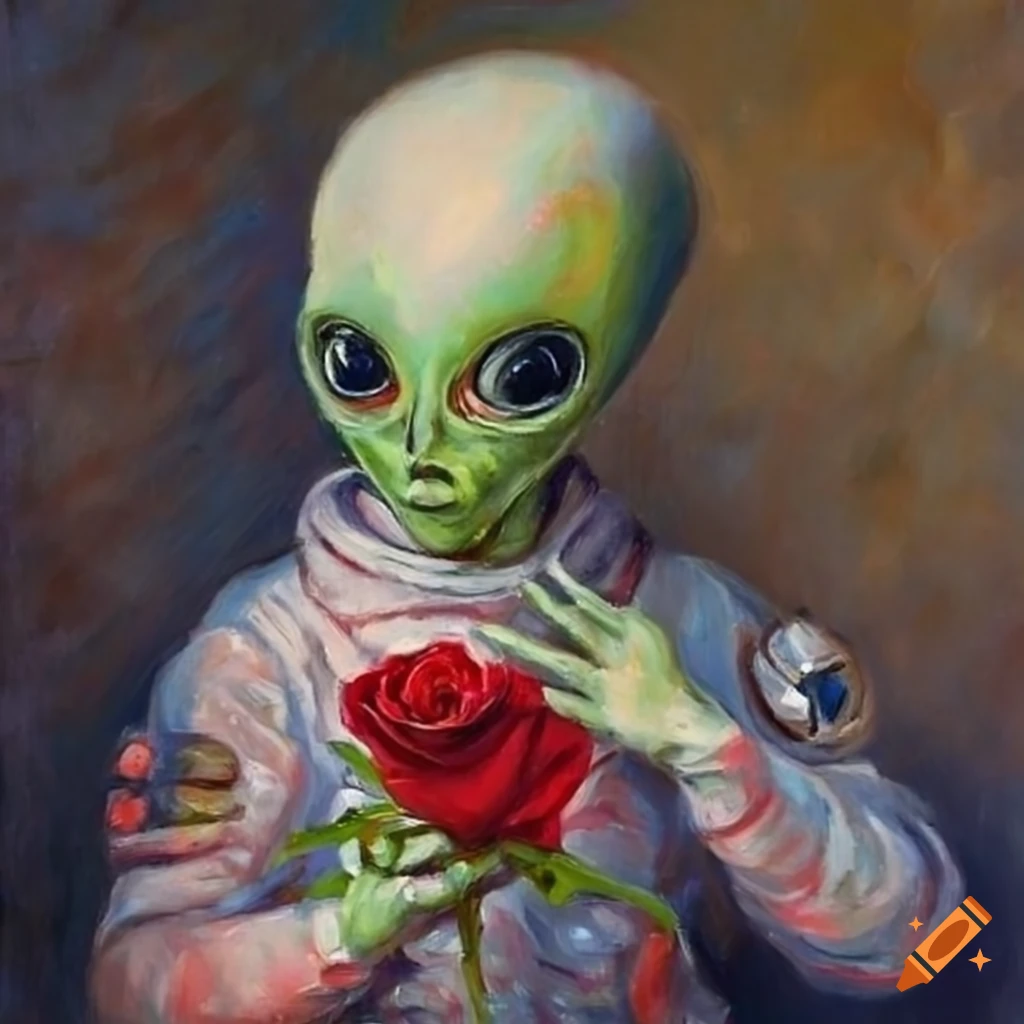 Painting of an alien astronaut holding a red rose on Craiyon