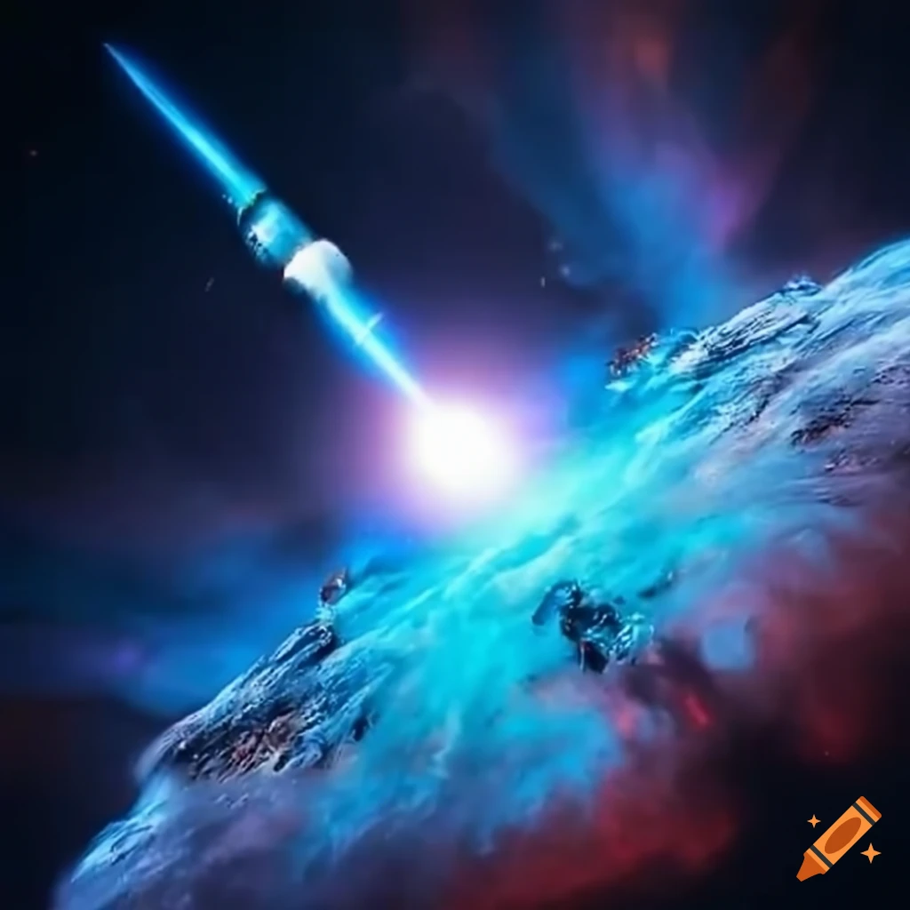 Futuristic glowing blue ai obelisk spaceship launching into space with ...