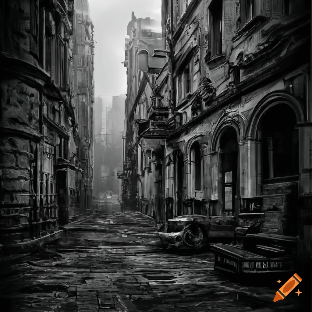 Grayscale steampunk street with characters on Craiyon
