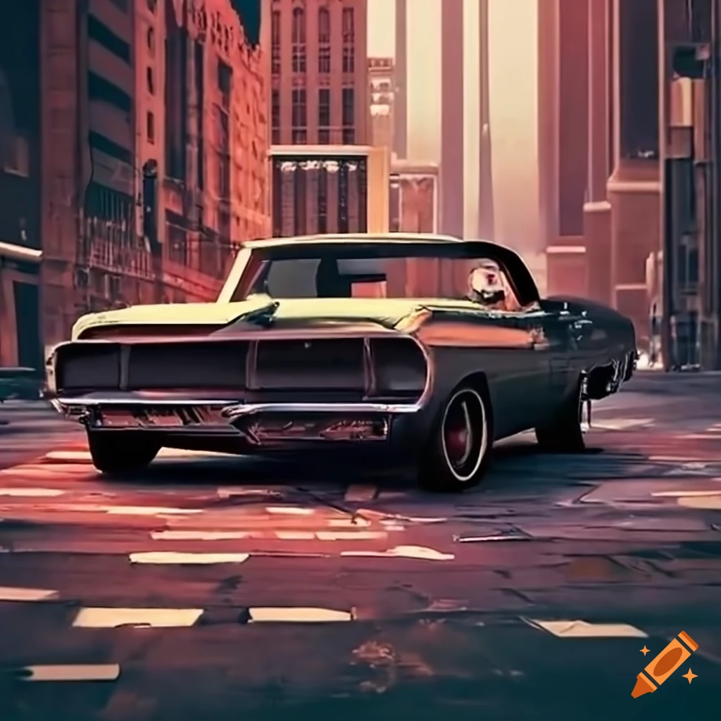 Poster of a classic muscle car in red and white on Craiyon