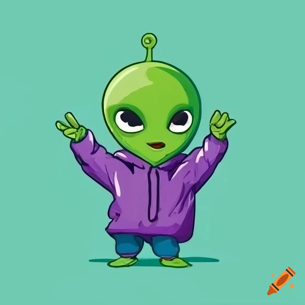 Cartoony alien wearing a hoodie on Craiyon