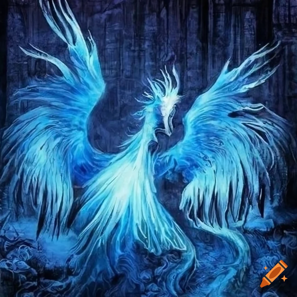 Artistic depiction of a blue ice phoenix in moonlight