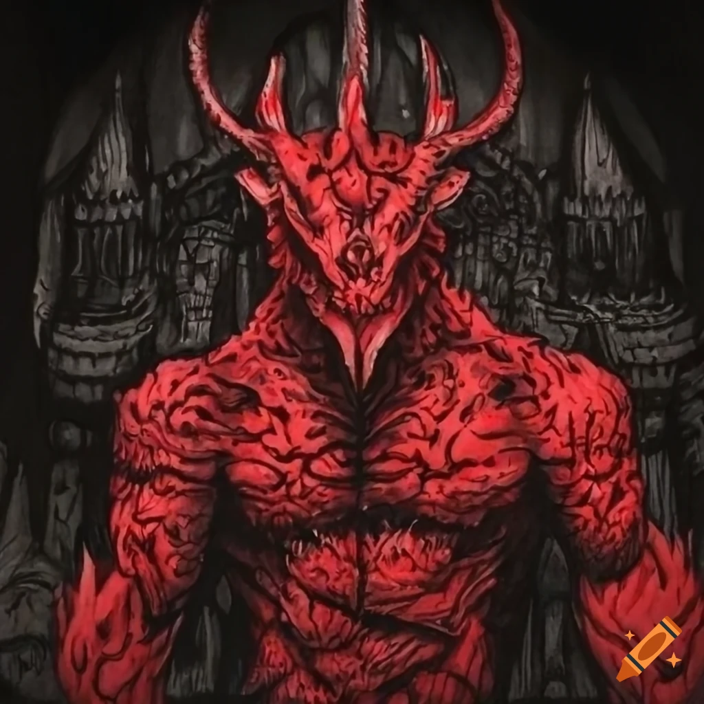 Ink drawing of a red beast in front of a castle on Craiyon