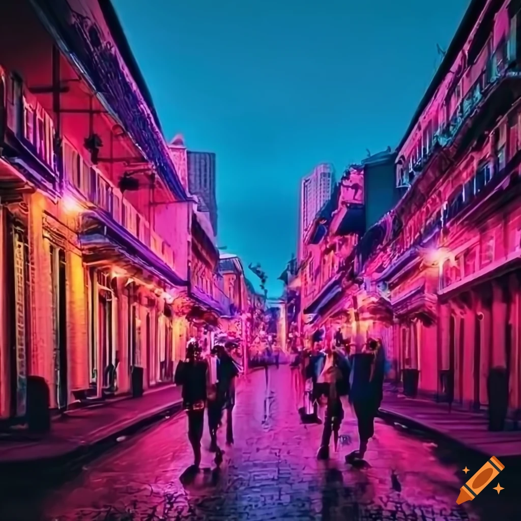 Night view of pink neon lights on bourbon street