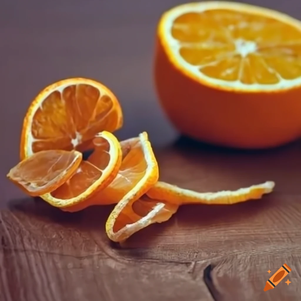 Wooden table with dried orange and lemon peels on Craiyon
