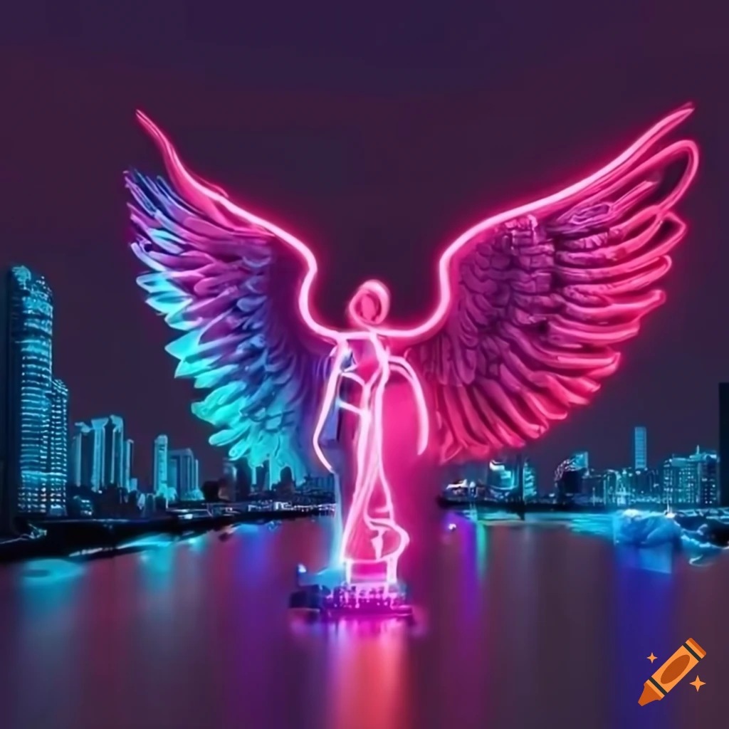 Vibrant cityscape with glowing angel and demon statues on Craiyon